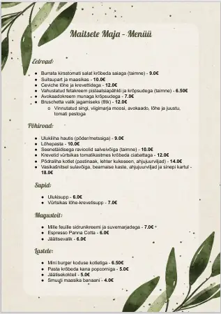 Menu - Maitsete Maja
